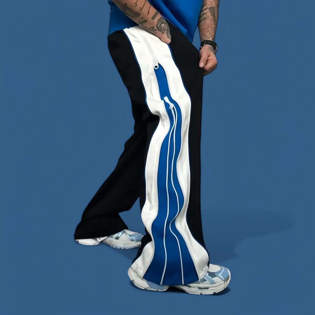 Double Zip Duo Colour Blue & White Wide Leg Relaxed Fit Baggy Y2K Pant ...